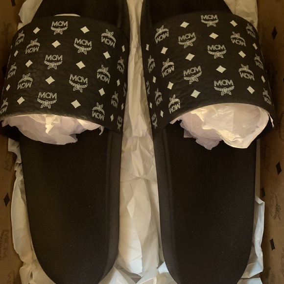 MCM | Shoes | New Mcm Black Monogram Print Slides | Poshmark